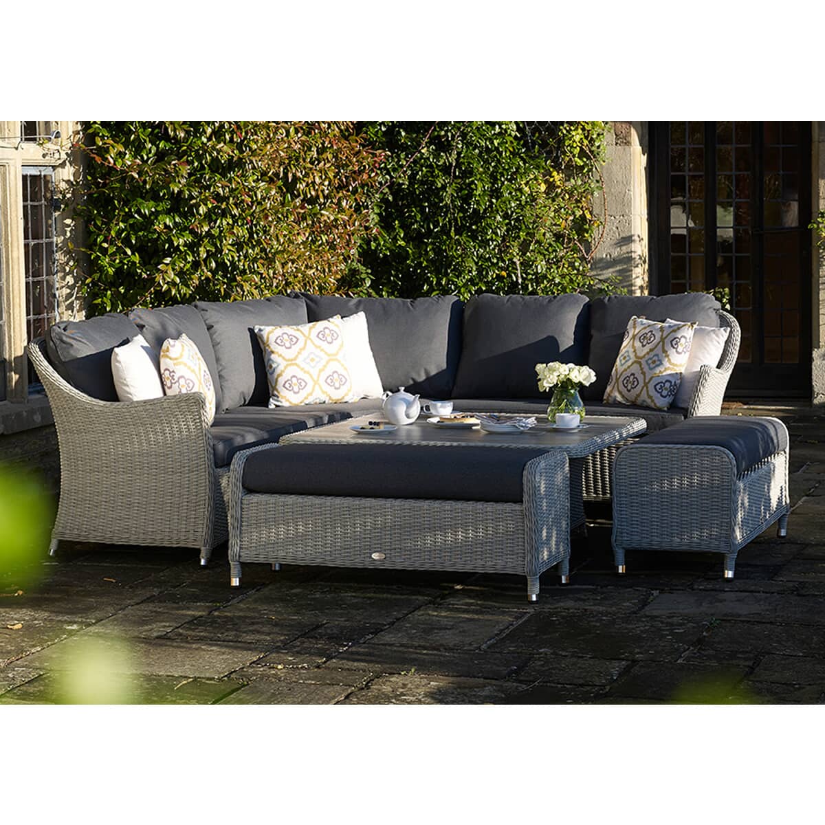 Bramblecrest Monterey Modular Sofa with Square Ceramic Adjustable Casual Dining Table 2 Benches Dove Grey X21WMOSQCD1CJ Garden Furniture World