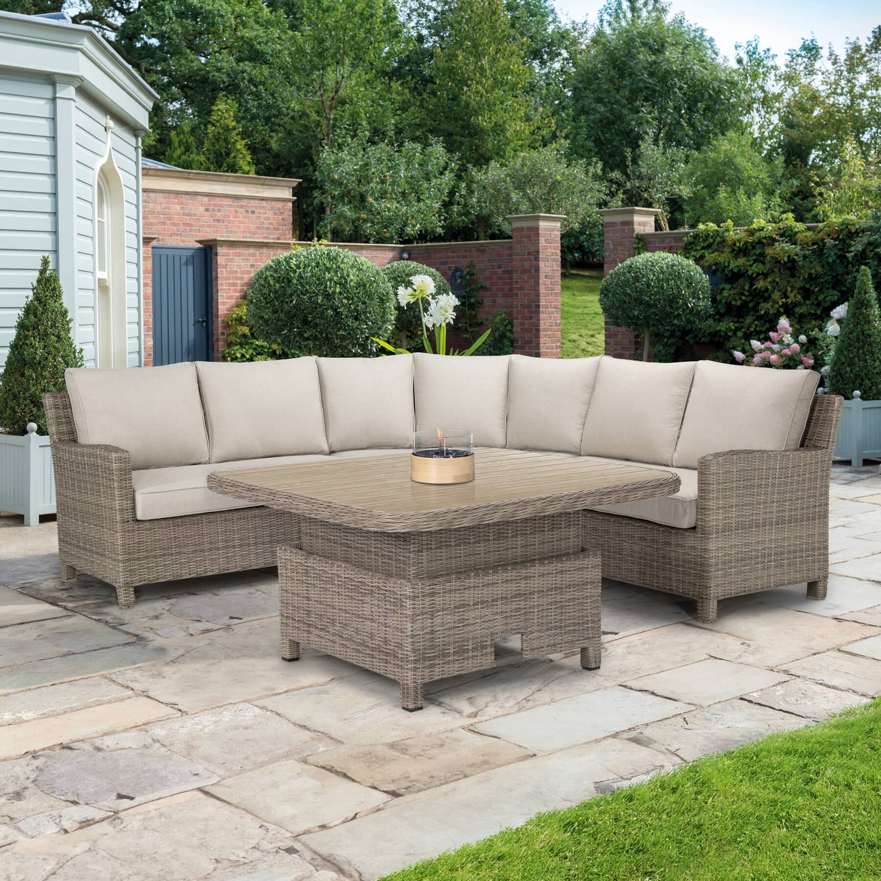 Kettler Palma Signature Grande Corner Sofa Set with High Low Slat Top Table Oyster Stone KPALSIGGRSET1 Garden Furniture World